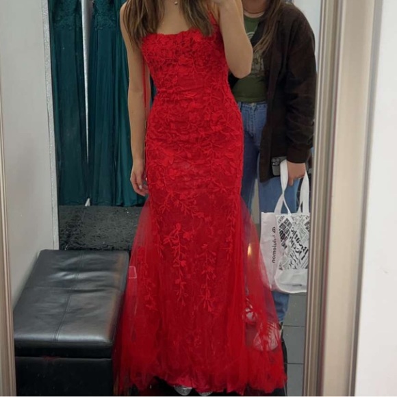 Dresses | New Red Floral Laced Prom Dress Strap Adjustable Backmermaid ...